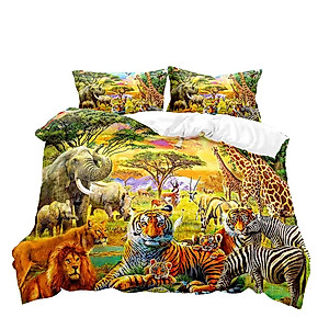 VIVIHOME 2PCS Safari Animal Duvet Cover, Twin Bedding, Boys Kids Bedding, Zoo Jungle Animal Tiger Lion Elephant Zebra Giraffe African Wildlife Wild Animal Comforter Bedspread Quilt Cover, 1 Pillowcase
