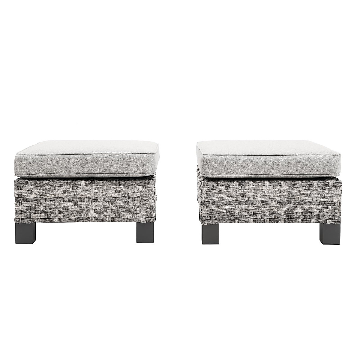 LebenLiebe Outdoor Patio Ottomanr Wicker Ottomans for Patio 2 Pieces Rattan Ottoman All-Weather Square Outdoor Footstool Footrest with Grey Cushions