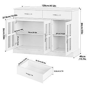 FOTOSOK Sideboard Buffet Cabinet with Glass Doors, Buffet Sideboard Kitchen Sideboard Cabinet Buffet Table with 2 Storage Drawers & Shelves for Dining Living Room, White