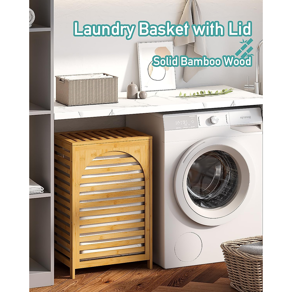 Laundry Hamper, 22.5 Gallon (85L) Bamboo Wood Clothes Laundry Basket with Lid and Handles, Removable Liner (Natural)