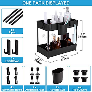 Spurtar 2 Pack Under Sink Organizers and Storage, 2 Tier Bathroom Under Cabinet Storage Multi-purpose Under Sink Storage Rack Bath Collection Baskets for Kitchen with 2 Cups and 12 Hooks, Black