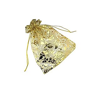 QIANHAILIZZ 100 Pack 7 x 9 Inch Drawstring Flower Heart Bags Organza Jewelry Gift Pouch Candy Pouch Drawstring Wedding Favor Bags (Gold Flower)