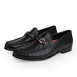 Black Mens Leather Dress Shoes, Premium Crocodile Print Moc-Toe Slip-on Loafer with Metal Buckle Penny Shoes for Mens, 9