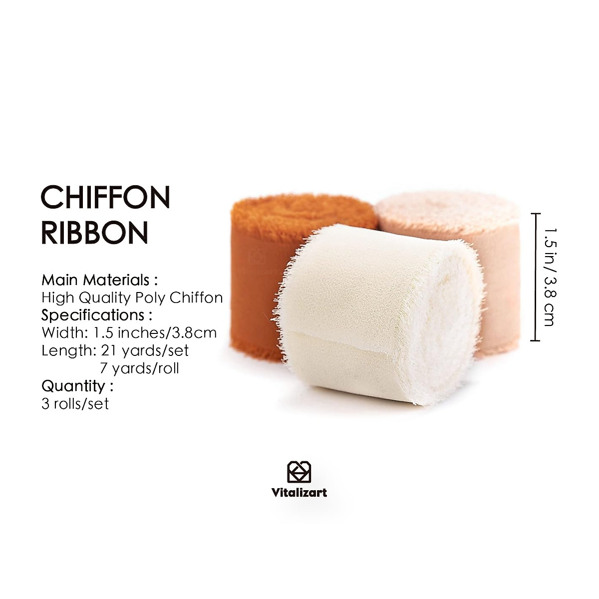 Vitalizart Fall Handmade Chiffon Silk Ribbon Fringe 1.5" x 21 Yd Terracotta Cream Frayed Edges Ribbons for Wedding Invitations Bridal Bouquets Gifts Wrapping Crafts Holiday Party Decorations