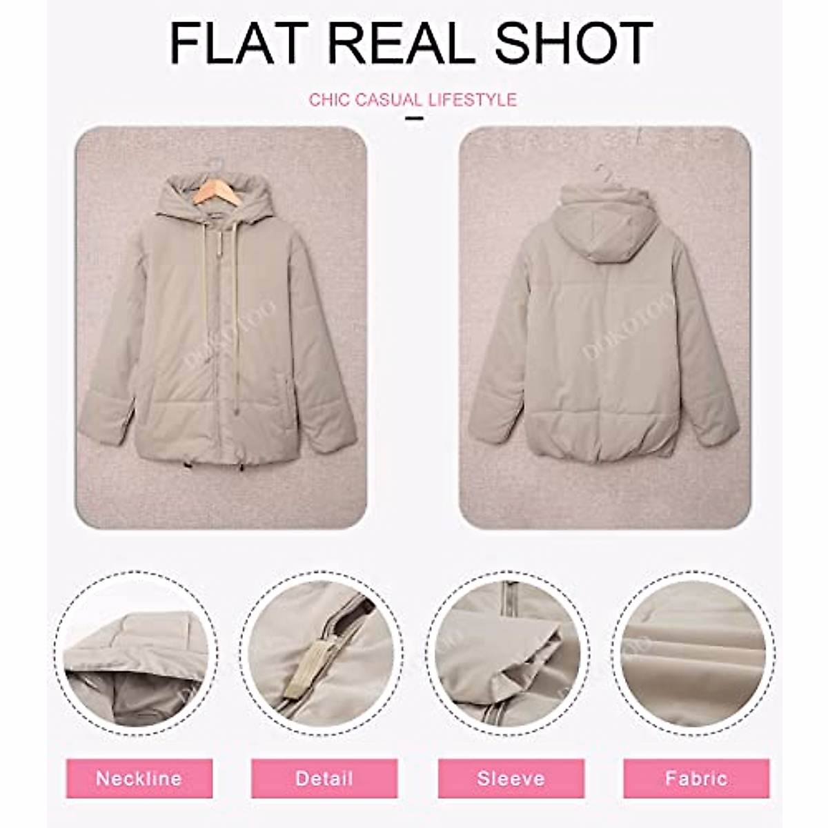 Dokotoo Womens Oversized Fashion Windbreaker Winter Autumn Full Zipper Front Drawstring Hooded Bomber Puffer Jacket Baggy Short Coats for Women Warm Comfy Soft Outerwear with Pockets Beige Medium
