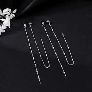 SLUYNZ 925 Sterling Silver CZ Studs 6.3inch Long Chain Earrings Dangle for Women Line Earrings Chain Backs (A-Silver)