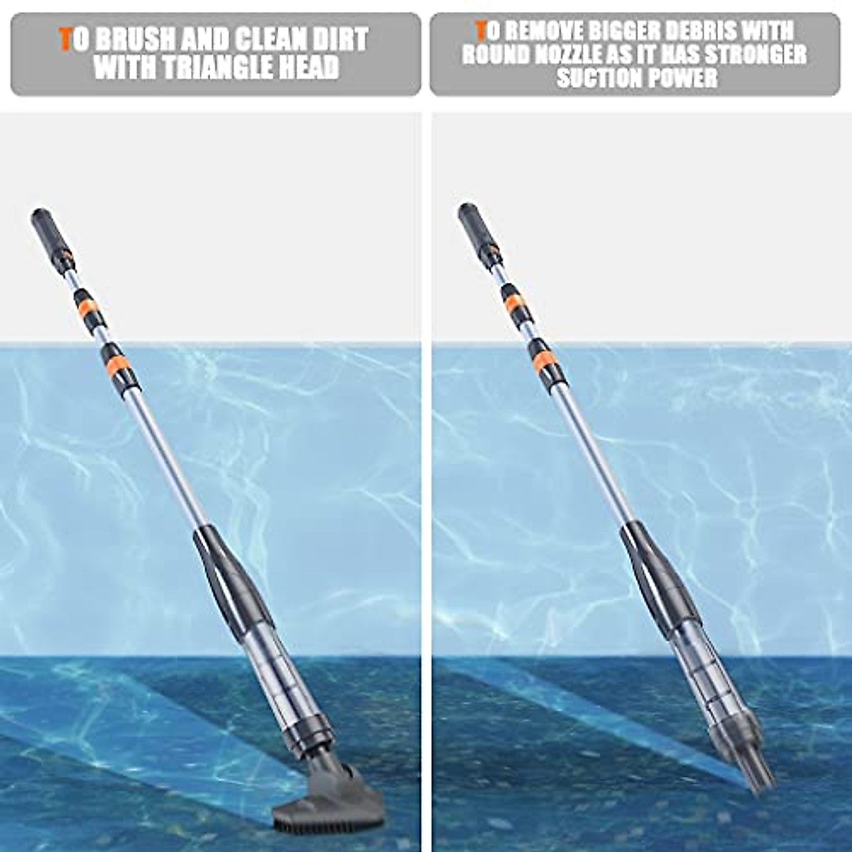 Handheld Pool Vacuum, 2200 mAh, 75+ mins Run time, 92'' Total Reach, Extendable Pool Cleaner, Twist Lock and Lightweight Design. Ideal for Spa, Small Swimming Pool Clean up, Gray
