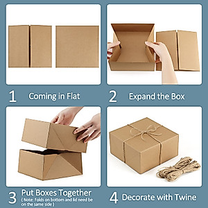 ValBox Premium Gift Boxes 10 Pack 8 x 8 x 4 Brown Paper Gift Boxes with 20 Meters Hemp Rope for Christmas Gifts, Bridesmaid Proposal Boxes, Easy Assemble Boxes