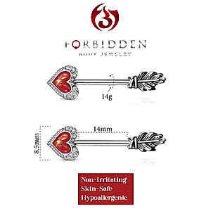 Forbidden Body Jewelry Pave CZ Opalite Heart & Feather Arrow Surgical Steel Nipple Barbells, Red
