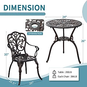 Bistro Set 3 Piece Outdoor Bistro Set, Cast Aluminum Bistro Table Set with Umbrella Hole, Anti Rust Bistro Table and Chairs Set of 2 for Front Porch, Balcony, Bronze