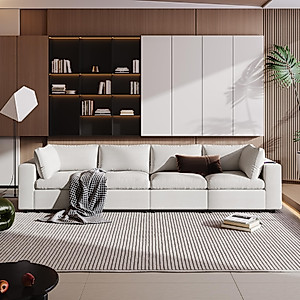 kevinplus 106'' Modular Sectional Sofa Couch for Living Room, Modern Upholstered 4-Seat Sofa Couch L-Shape with USB Charge Port & Wireless Charging & Built-in Bluetooth Speaker in Arm, Beige