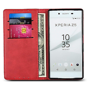 Cellphone Flip Case Leather Wallet Case for Sony Xperia Z5, Premium Vegan Leather Case [Shockproof TPU Inner Shell] Slim Shockproof Protective Phone Case Compatible with Sony Xperia Z5 Protective Case