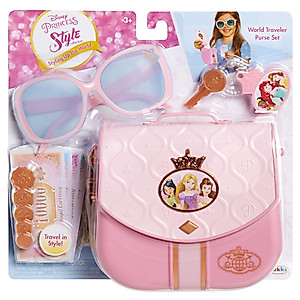 Disney Princess Style Collection World Traveler Purse Set Bag with Strap, Sunglasses, Key with charm, 5 Coins & 8 Paper Bills for Girls Ages 3+