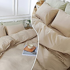 NEXHOME PRO Duvet Cover Set Queen Size Linen Feel Textured Organic Natural 100% Washed Cotton Duvet Cover Beige Cream 3 Pieces Bedding Set with Zipper Closure, Breathable, Soft (No Comforter)