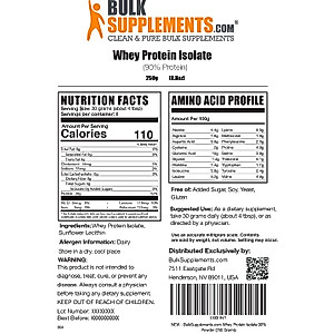 BulkSupplements.com Whey Protein Isolate Powder - Unflavored Protein Powder, Whey Isolate Protein Powder - Whey Protein Powder, Gluten Free, 30g per Serving, 250g (8.8 oz) (Pack of 1)
