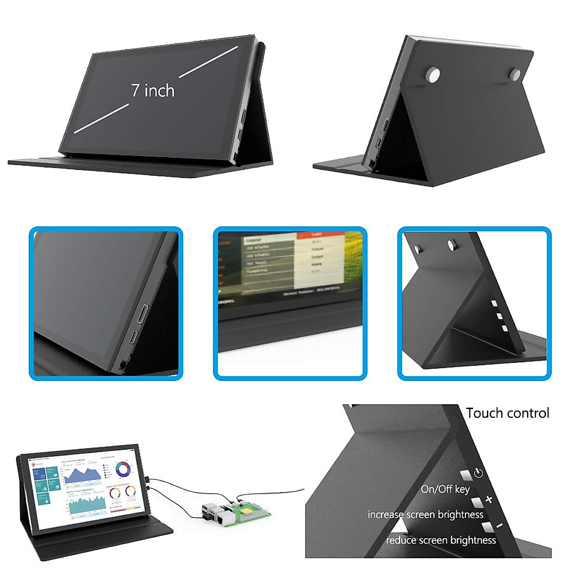 JUN-ELECTRON for Raspberry Pi 4 Portable Monitor 7.0 inch Screen - IPS Capacitive Display 1024x600, Second Screen with Laptop, Mini HDMI - Compatible with RPi, for PS4 etc, with Leather Holder Case