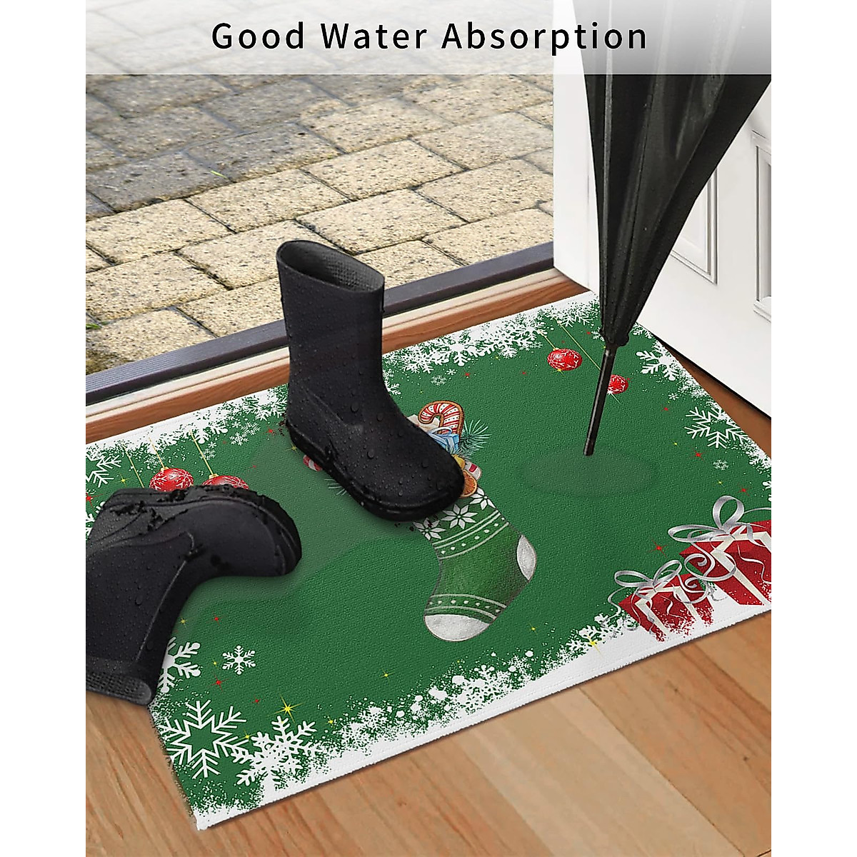 Indoor Door Mat Washable Mat 16x24 Inch - Outdoor Non-Slip Mat Absorbent Resist Dirt Doormats Socks Pattern Green Floor Mat for Entryway Patio Bathroom