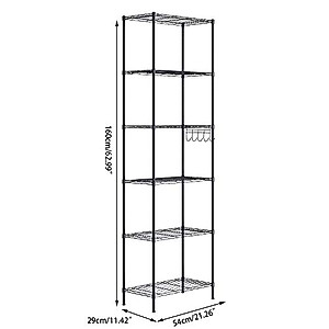 Anfan 6 Tier Wire Shelving Unit Heavy Duty Metal Wire Storage Shelves with Adjustable Leveling Feet & Side Hooks for Kitchen, Garage and Office (Black)