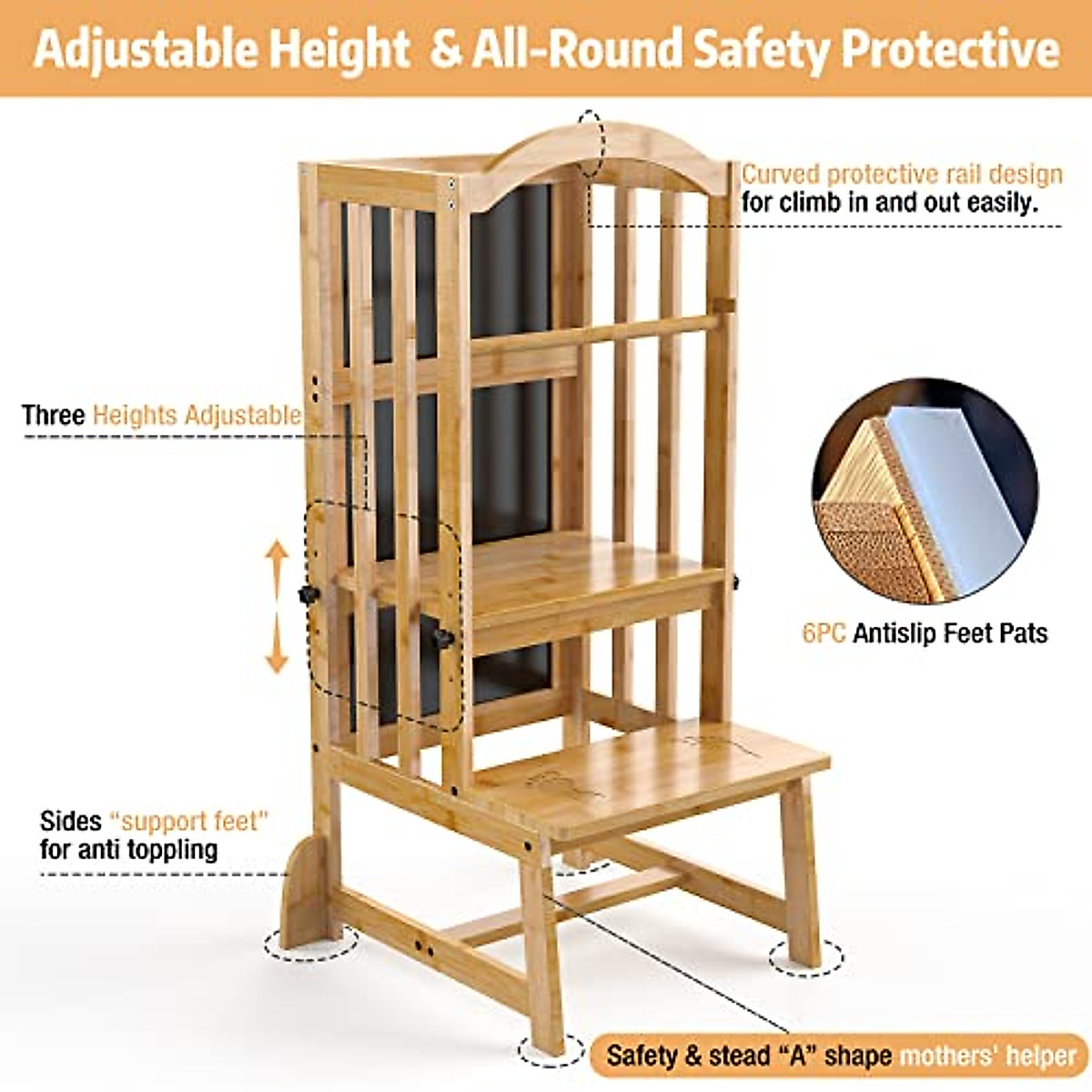 DORPU Learning Step Stool for Kids, Adjustable Height Toddler Kitchen Standing Tower with Double-Side Art Board, Natural