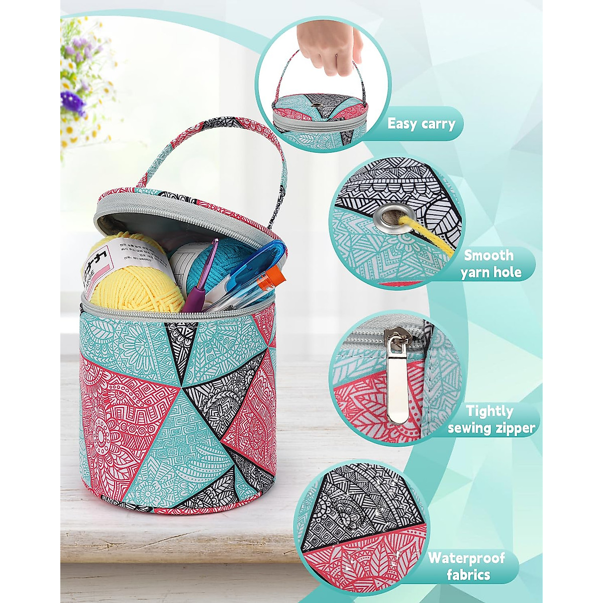 Coopay Small Yarn Storage Bag, Mini Knitting Bag Yarns Drum Case for Carry Yarn Ball, Crochet Kits, Knitting Supplies and Sewing Accessories, for Beginner, Crocheter and Crafter, Blue