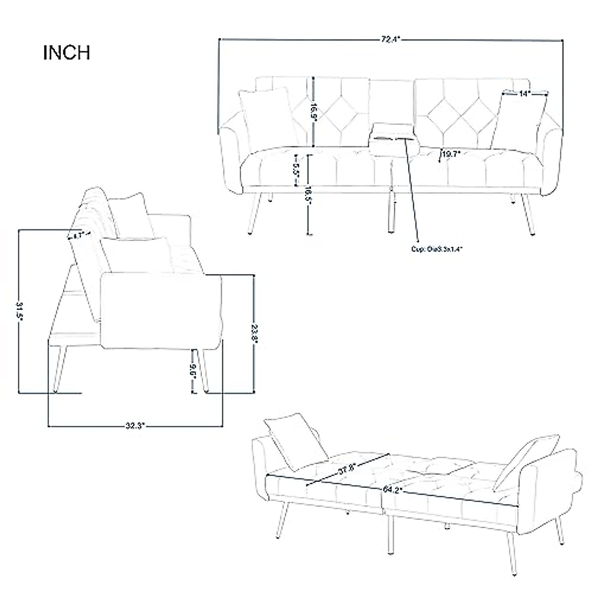 Verfur Button Tufted Convertible Futon Sofa Bed,Modern Velvet Upholstery Sleeper Couch Daybed with 2 Cup Holders and Square Armrests for Small Places Sofabed, Brown 72.4"