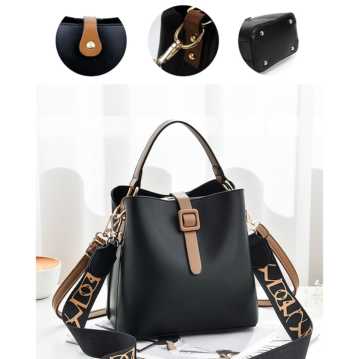 LABANCA Women Retro Alligator Bucket Bags Crocodile Pattern Designer Shoulder Bag Ladies PU Purse Crossbody Wallet Bag (06226 Black)