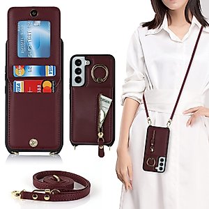 Jaorty for Samsung Galaxy S22 5G Phone Case for Women with Card Holder,Galaxy S22 Case Wallet Crossbody Lanyard with Strap,Credit Card Slots Kickstand Case with Ring Holder,6.1 Inch,Burgundy