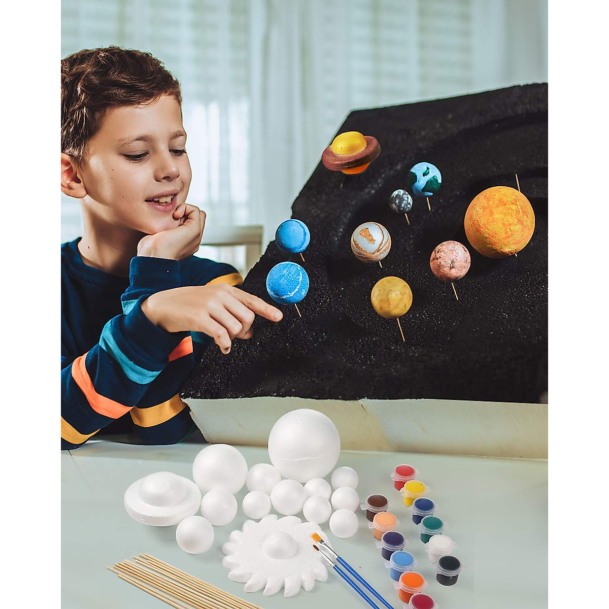 Pllieay Solar System Model Foam Ball Kit Includes 14PCS Mixed Sized Polystyrene Spheres Balls, 12PCS Bamboo Sticks, 12 Color Pigments, 2PCS Painting Brushes for School Science Projects