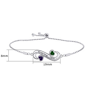 AFFY Mother's Day Jewelry Gifts Personalized Simulated Birthstone Name Engraved Double Heart Infinity Bolo Bracelet 14k White Gold Plated Sterling Silver
