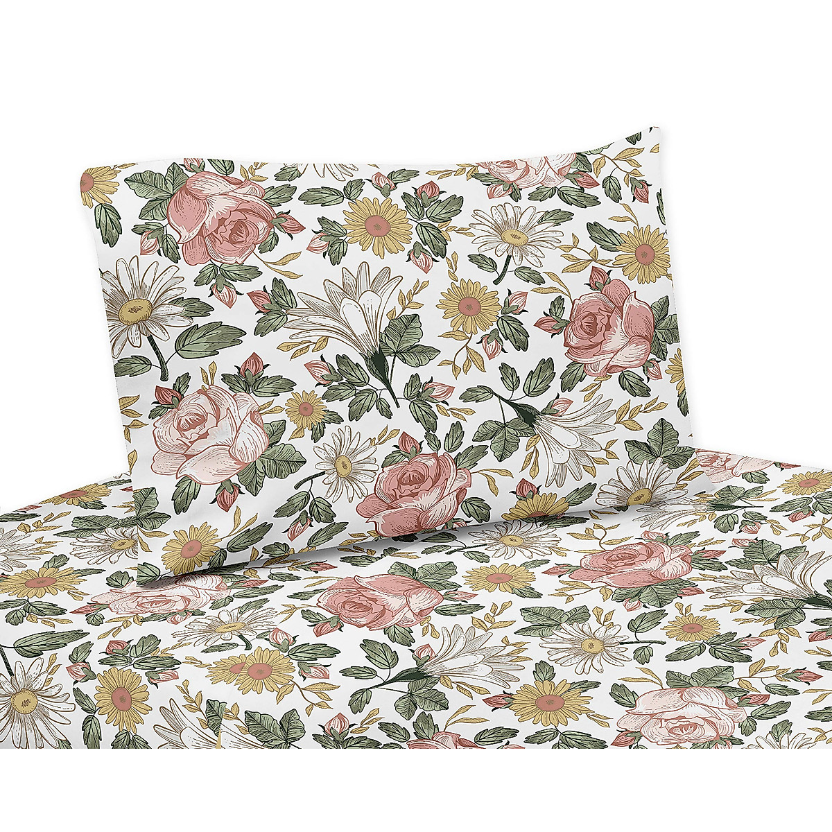 Sweet Jojo Designs Vintage Floral Boho Twin Sheet Set - 3 piece set - Blush Pink, Yellow, Green and White Shabby Chic Rose Flower Farmhouse