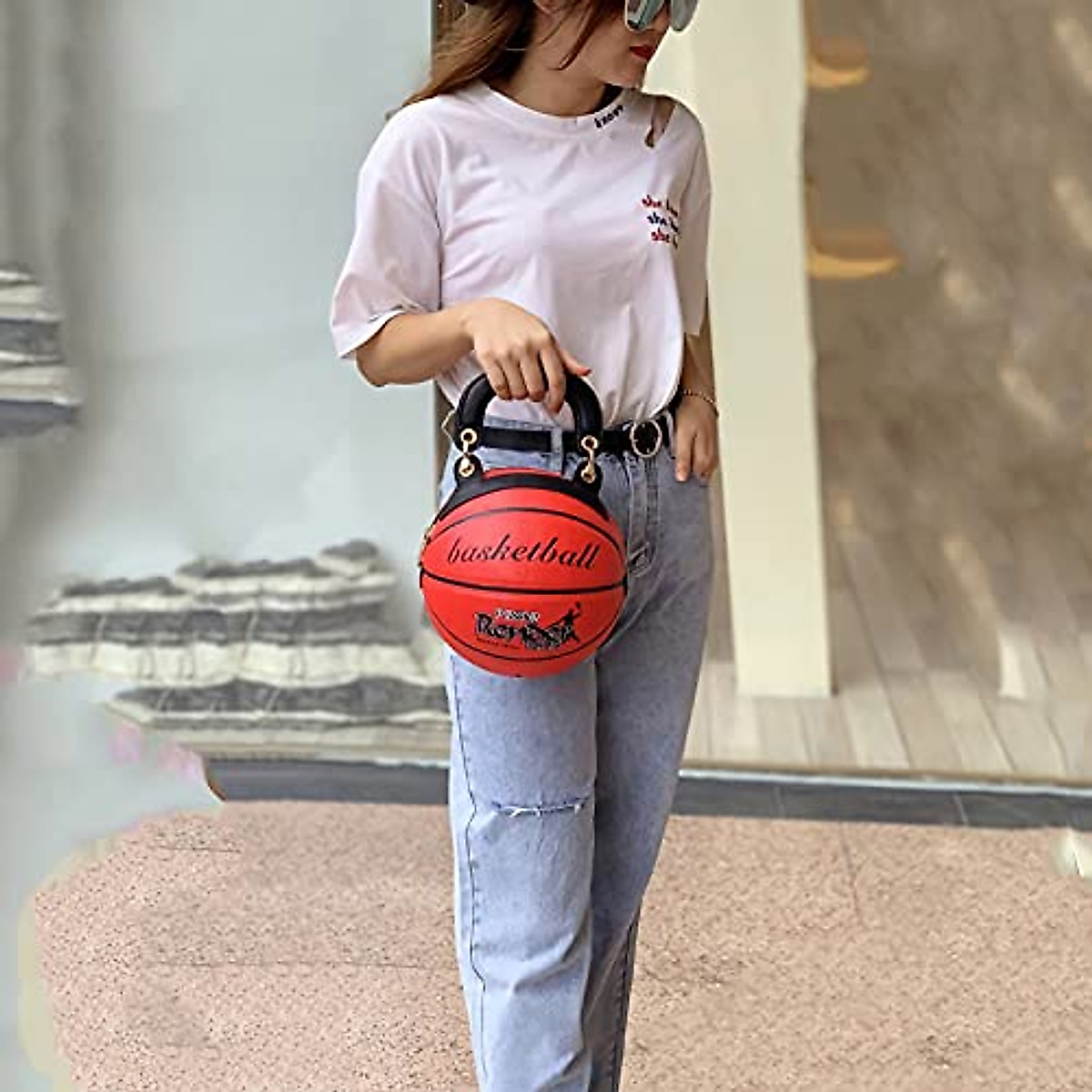 Basketball Shaped Handbags Purse Tote Round Shoulder Messenger Cross Body PU Leather Cute Bag Adjustable Strap for Women Girls (Red)