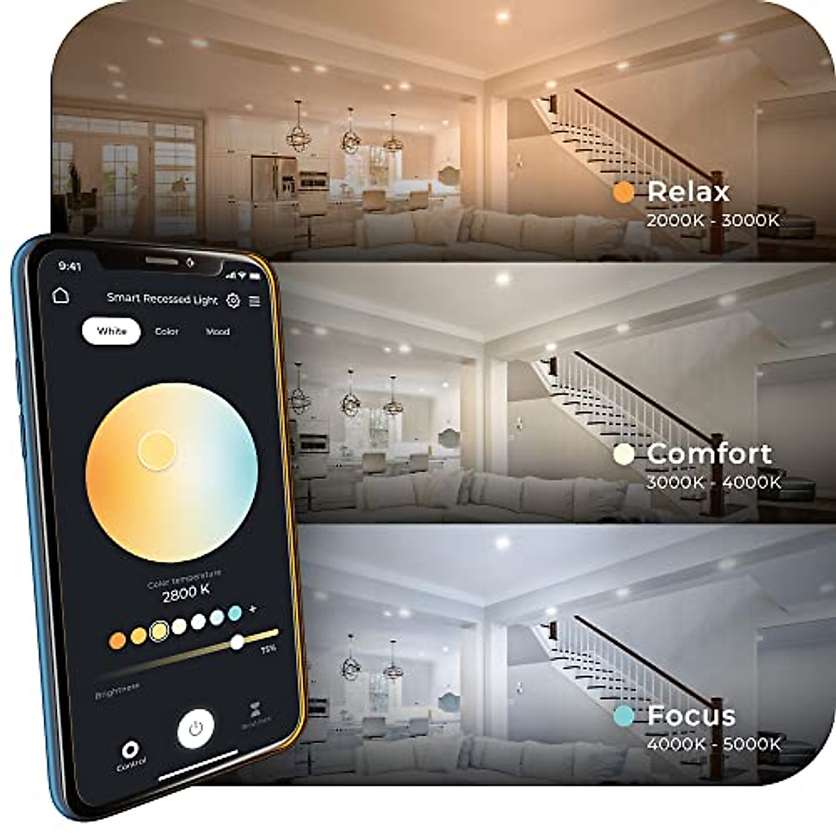 Globe Electric 50079 Wi-Fi Smart 5"/6" LED Retrofit Recessed Light, No Hub Required, Voice Activated, 11 Watts, Multicolor Changing RBG, Tunable White 2000K - 5000K, 700 Lumens, E26 Adaptor Included