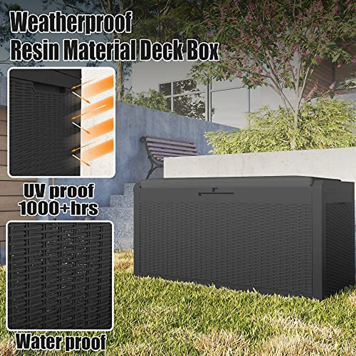 Greesum 100 Gallon Resin Deck Box Large Outdoor Storage for Patio Furniture, Garden Tools, Pool Supplies, Weatherproof and UV Resistant, Lockable, Black