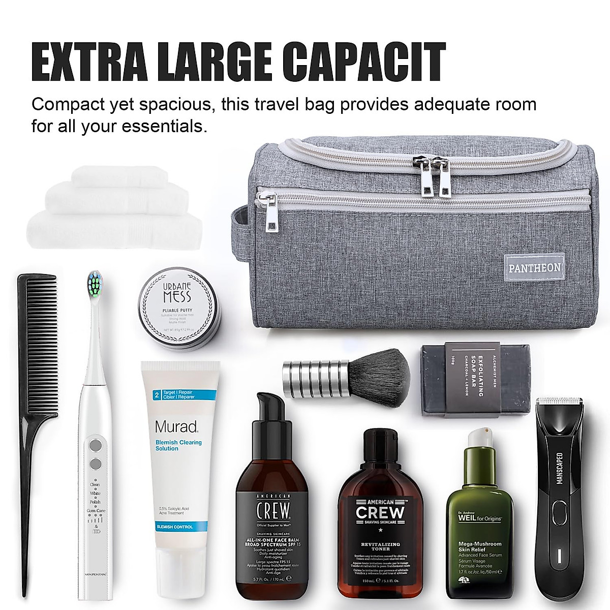 Pantheon Travel Toiletry Bag for Men and Women, Travel bag for Toiletries, Valentines Day Gifts for Men, Travel Bathroom Bag, Mens Travel Bag Hanging Toiletry Organizer Toiletry Kit (Gray)