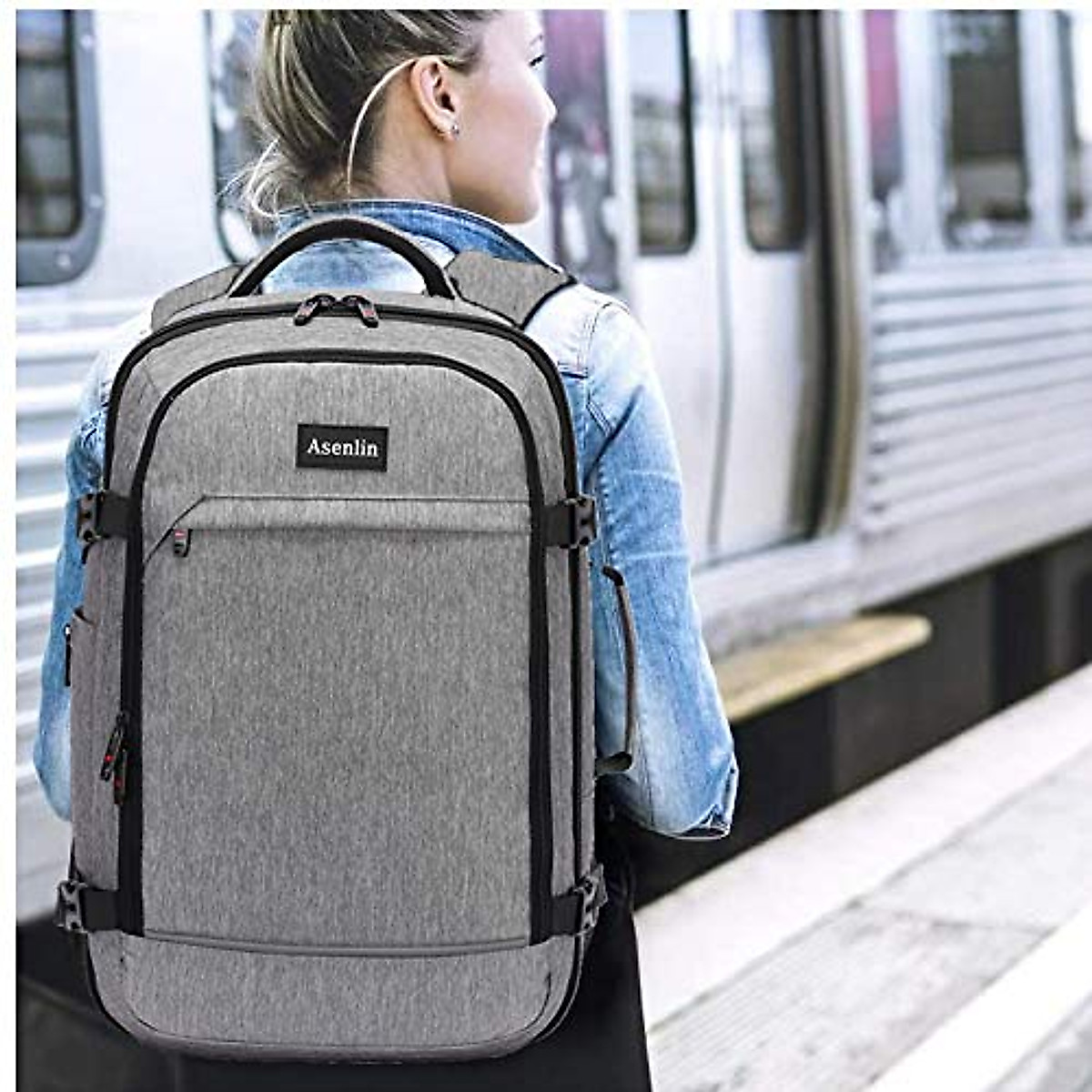 Asenlin 40L Travel Backpack for Women Men，17 Inch Laptop Backpack Flight Approved Luggage Carry On Water Resistant Computer Backpack for Weekender Overnight Large Daypack Grey