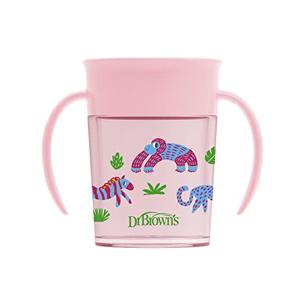 Dr. Brown's Milestones Cheers 360 Cup Spoutless Transition Cup with Handles for Easy Grip and Leak-Free Learning, Pink Safari, 7 oz/200 mL