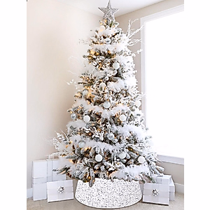 FUHSY Sequin Christmas Tree Collar White Christmas Tree Skirt 23.6 Inch Diameter Round Glittery Sequin Tree Skirts Velvet Xmas Tree Ring Box Christmas Santa Tree Stand Base Cover for Winter Holiday