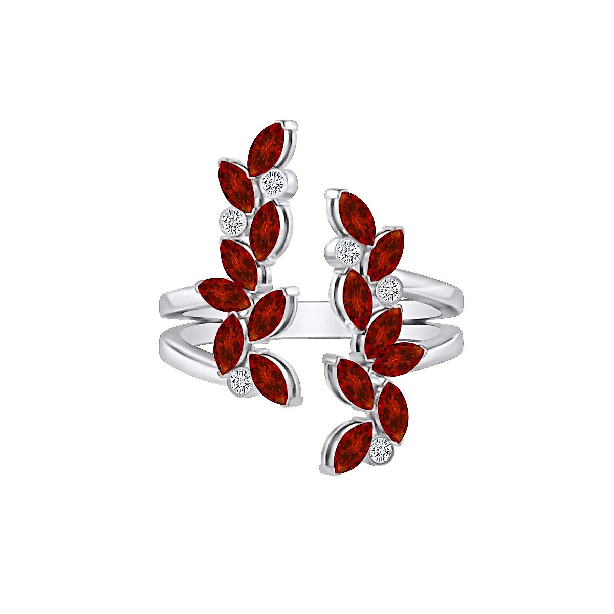 14k White Gold Plated 925 Sterling Silver Simulated Garnet & Diamond Accent Unique Adjustable Open Petal Wedding Engagement Anniversary Ring for Women Men