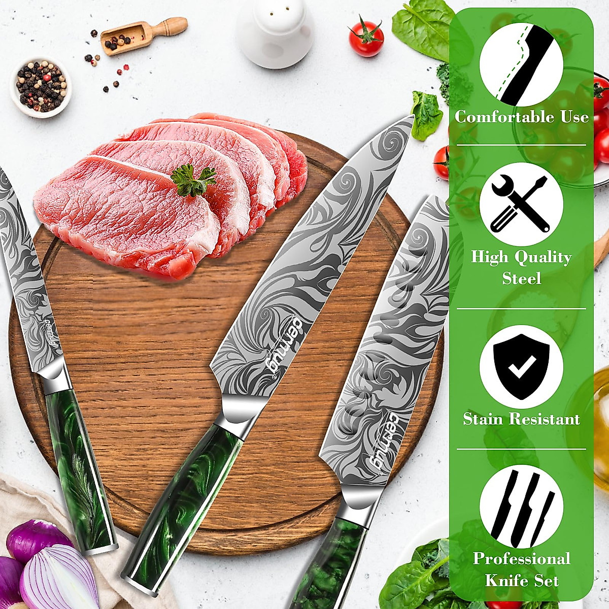 Chef Knife Set for Kitchen, 3Pcs German Carbon Stainless Steel Kitchen Knife, Professional Chefs Knife Set Ultra Sharp Chef Knife for Home, Restaurant (Green Handle)