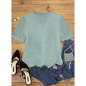 Dokotoo Women's Summer Lace V-Neck Flowy Short Sleeve Casual Loose Tunic Top - Light Green, L