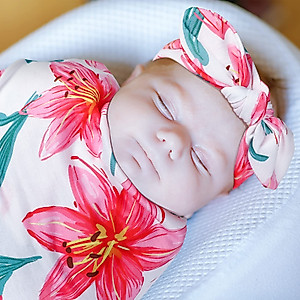 Moukeren 4 Sets Baby Swaddle Newborn Baby Receiving Blankets with Headbands Newborn Floral Printed Swaddle Blanket Infant Swaddle Nursery Swaddling Blankets for Newborn Shower Swaddle Gifts, 4 Design