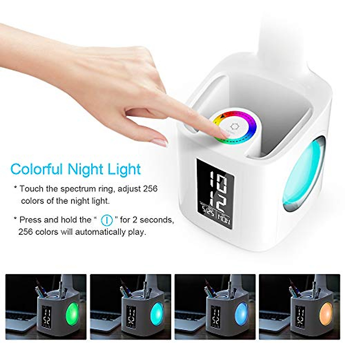 wanjiaone Study LED Desk Lamp with USB Charging Port&Screen&Calendar&Color Night Light, Kids Dimmable LED Table Lamp with Pen Holder&Clock, Desk Reading Light for Students,10W