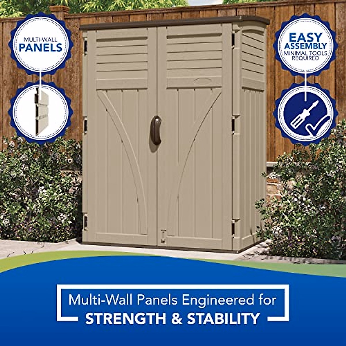 Suncast 54 Cubic Ft. Vertical Resin Outdoor Storage Shed, Sand, 52” x 32.5” x 71.5"