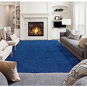 Sweethome Stores Cozy Collection Plush Luxurious Solid Navy Solid Design (5' X 7') Shag Living Room & Bedroom Area Rug