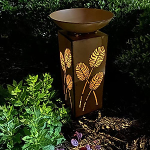 Westcharm Rustic LED Pillar Garden Statue with Planter Dish Bowl and Automatic Timer - Decorative Column Outdoor Statue with Leaves Motif for Home Yard Patio Outdoors Garden Decoration