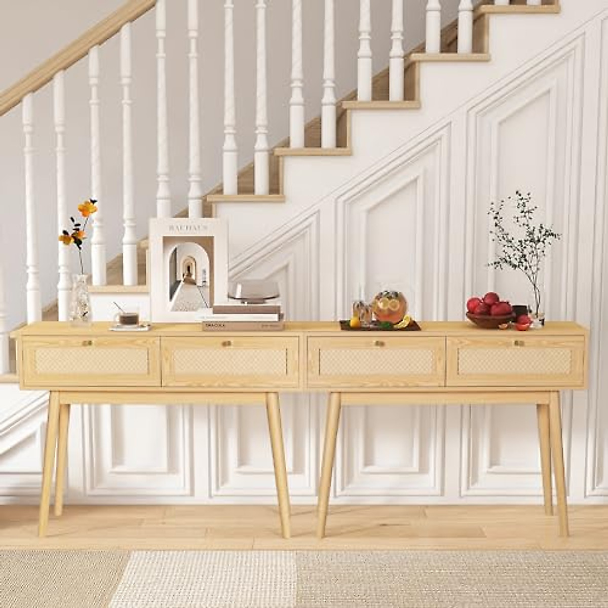 TYBOATLE Kraft Woven Rattan Console Table with 2 Drawers, Narrow Wood Entry Way Table, Modern & Boho Accent Sofa Bar Table for Entryway, Foyer, Front Hall, Hallway, Living Room (Natural Ash)