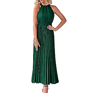PRETTYGARDEN Women's Long Sun Dresses Sleeveless Halter Neck Flowy Pleated Maxi Cocktail Party Dresss (Green,X-Large)