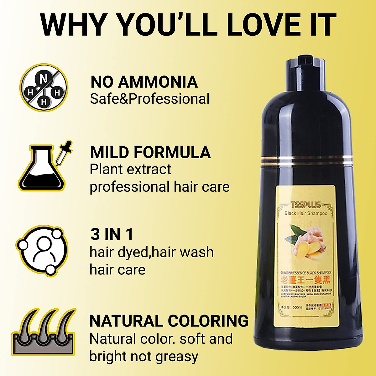 TSSPLUS Hair Dye Shampoo 3 in 1, Ginger Essence Black Hair Dye 16.9 Fl Oz, Black Hair Shampoo, Semi-Permanent Hair Color For Men and Women, 100% Gray Hair Coverage, Safe and Hair herbal shampoo