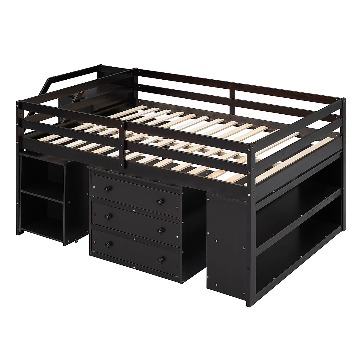 Merax Retractable Writing Desk and 3 Drawers, Wooden Loft Bed with Storage Stairs and Shelves, Espresso