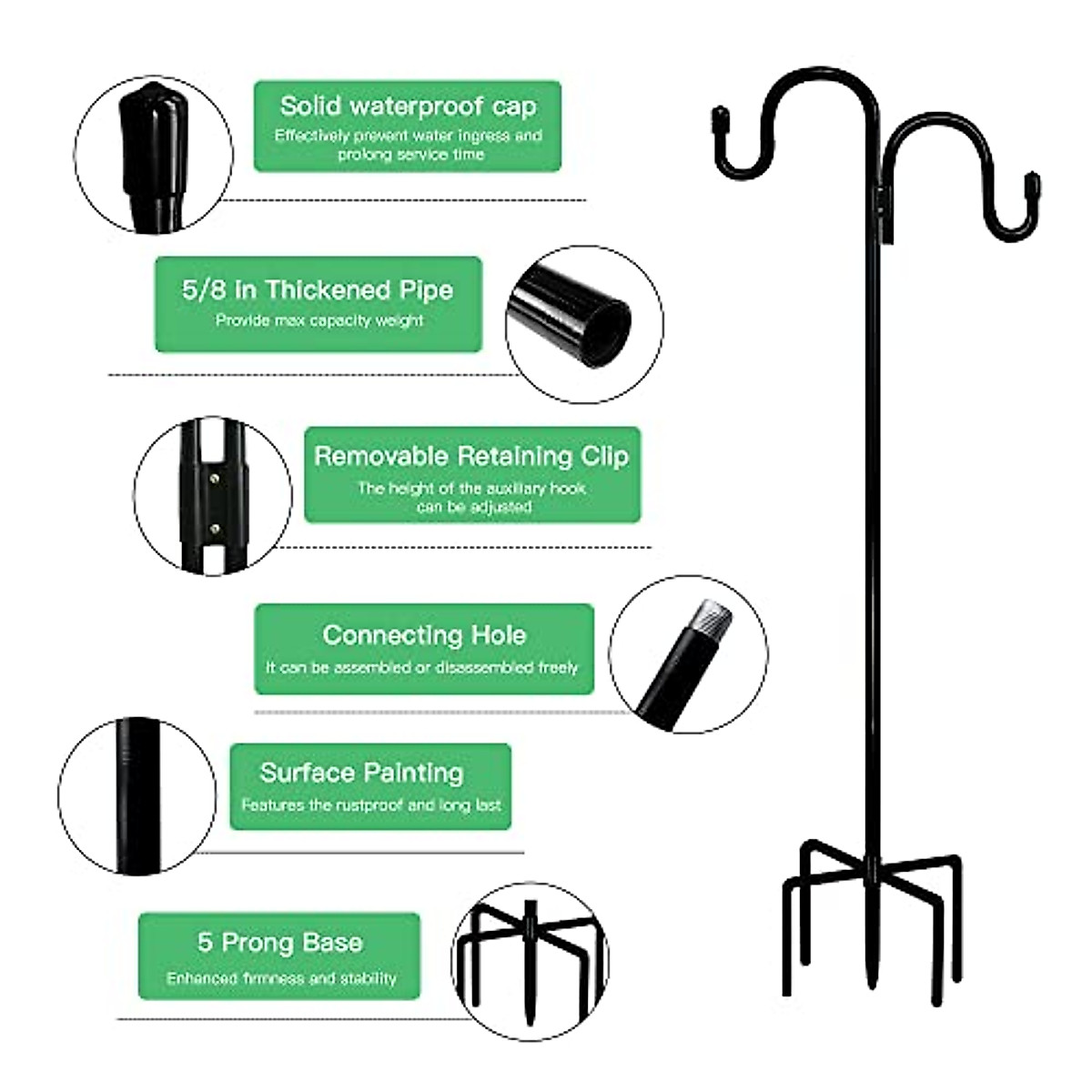 STARFAMI Double Shepherds Hook for Outdoor with 5 Prongs Base, Upgraded Adjustable Garden Hanging Stand Plant Holders for Bird Feeder, Plant Baskets, Solar Light Lanterns, Wedding (60 Inch 2pcs)
